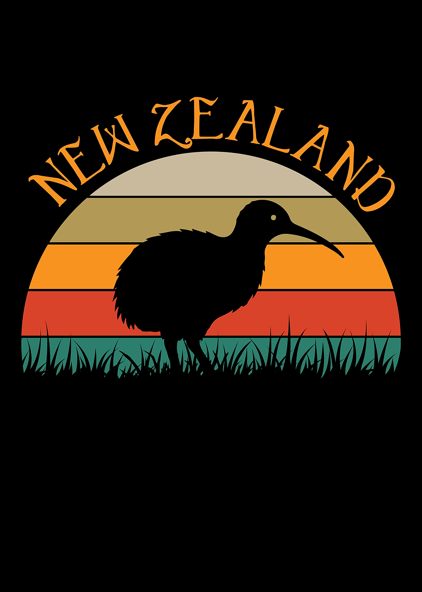 'New Zealand Kiwi Bird Retro Sunset' Poster, picture, metal print ...