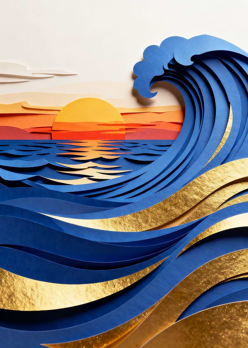 'Papercraft Wave at Sunset' Poster, picture, metal print, paint by ...
