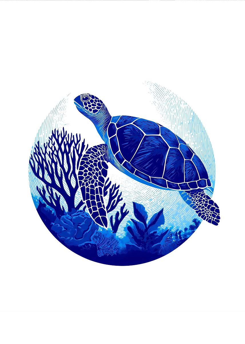 'Blue Sea Turtle and Coral Reef' Poster, picture, metal print, paint by ...