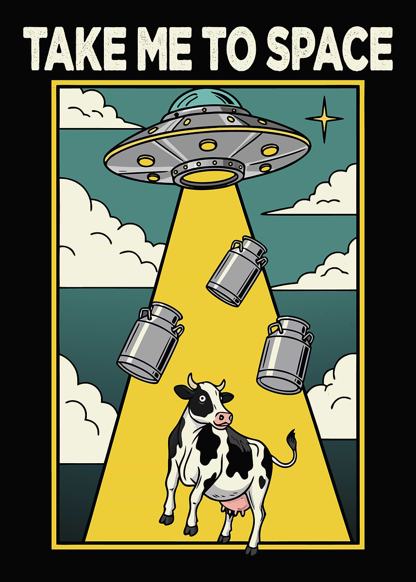 'UFO Abducting Cow with Milk Cans' Poster, picture, metal print, paint ...