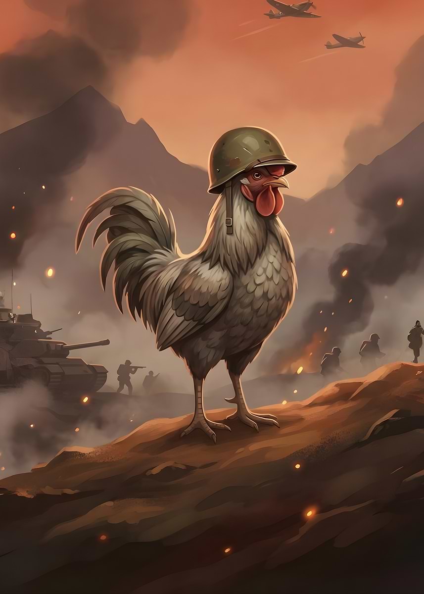 'Rooster in Military Helmet on Battlefield' Poster, picture, metal ...
