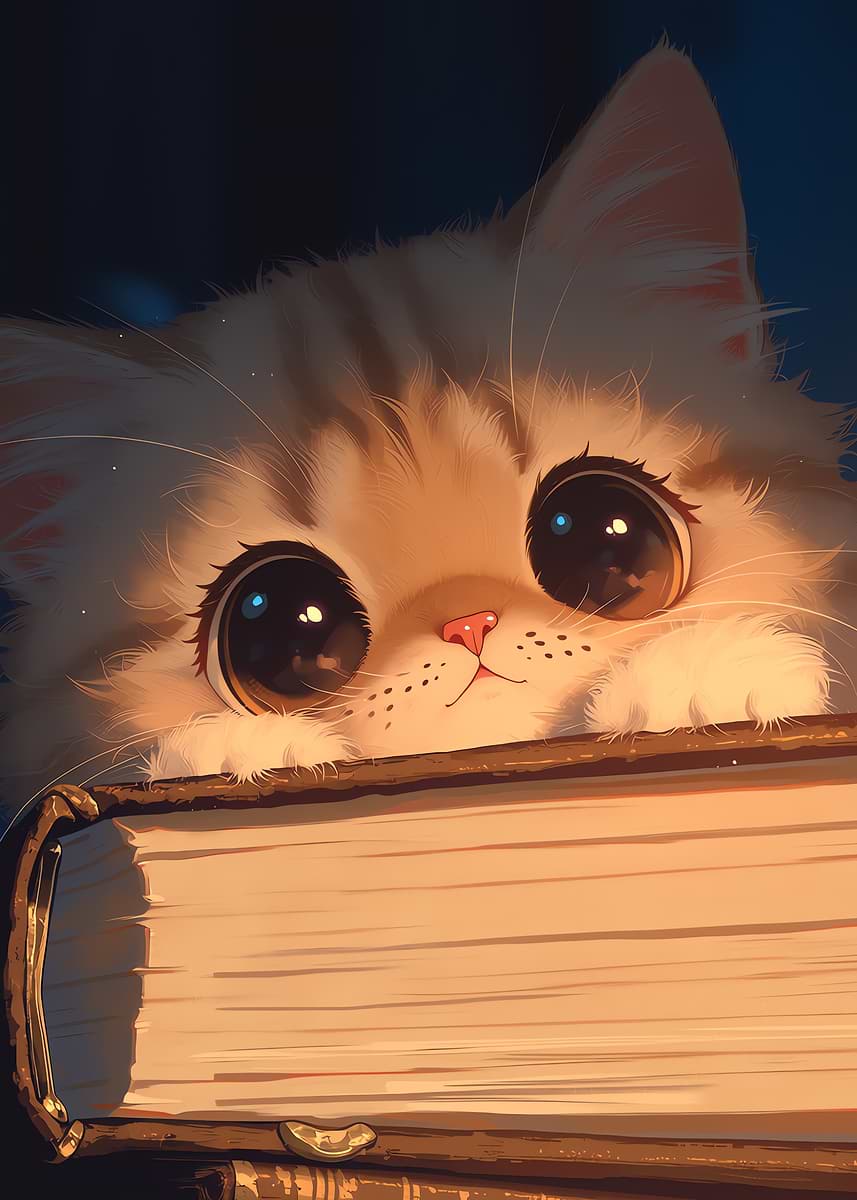 'Cute kitten peeking over a book' Poster, picture, metal print, paint ...
