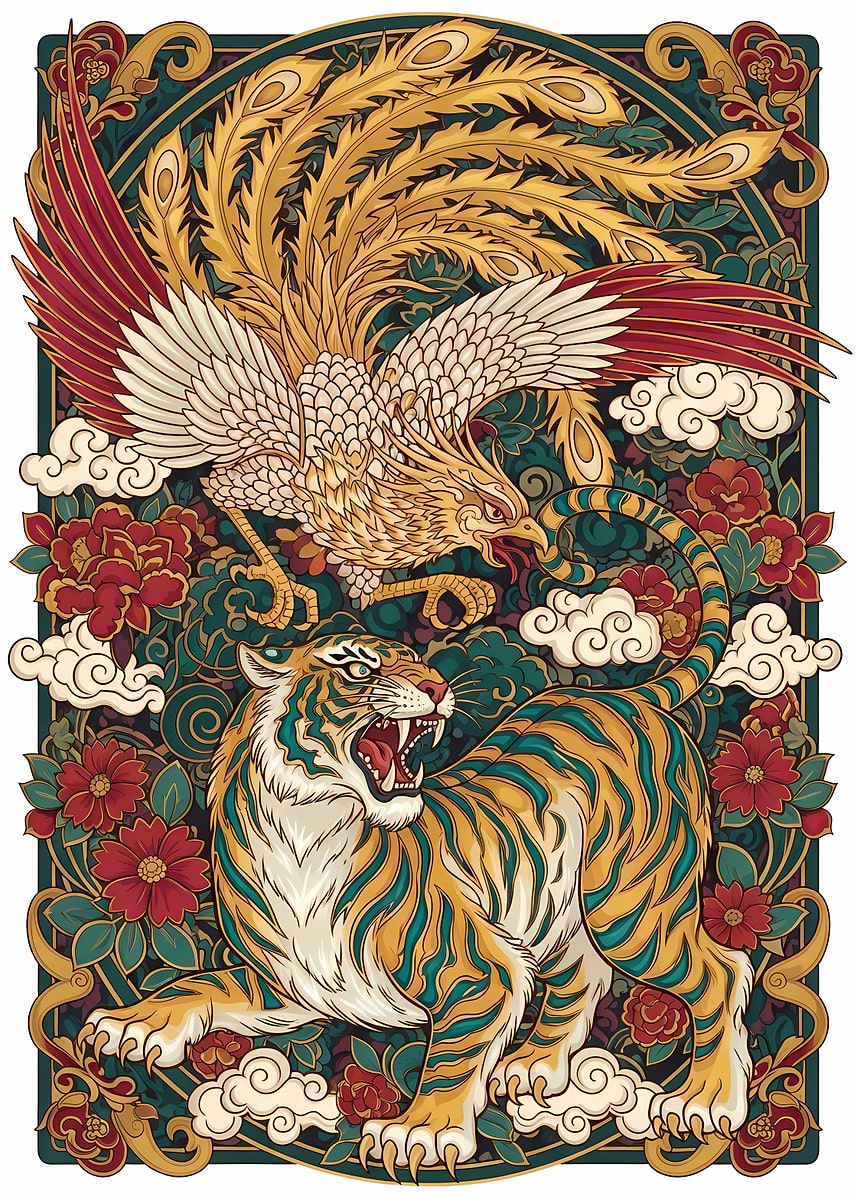 'Phoenix and Tiger Confrontation' Poster, picture, metal print, paint ...