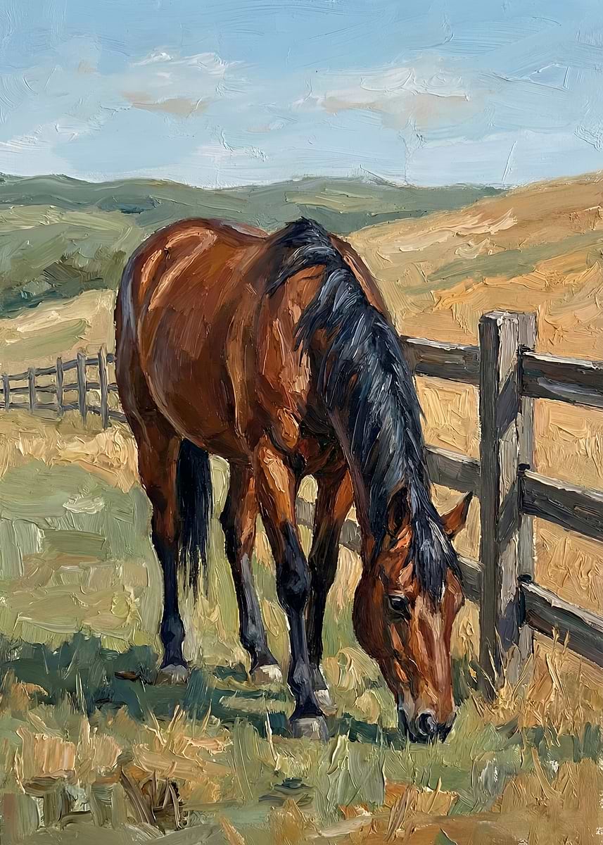 'Brown Horse Grazing by a Fence' Poster, picture, metal print, paint by ...