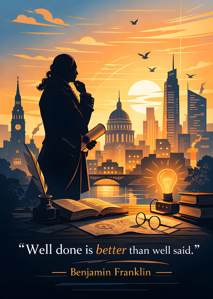 'Benjamin Franklin Quote with Cityscape' Poster, picture, metal print ...