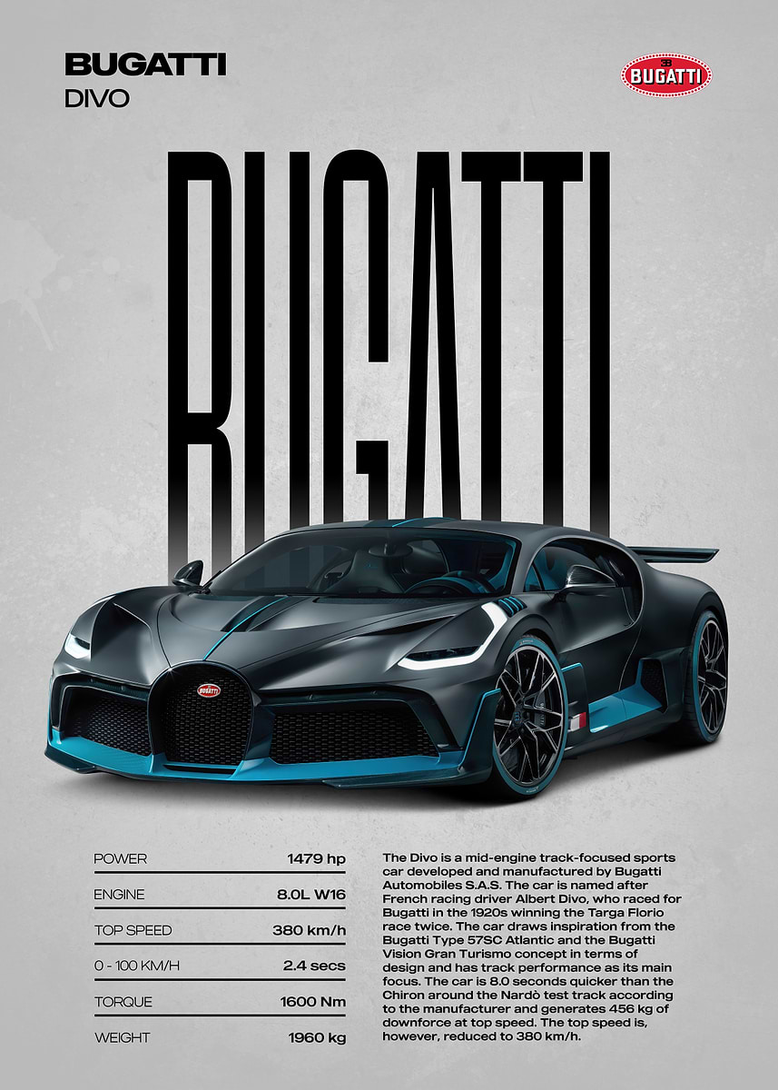 'Bugatti Divo Car Poster' Poster, picture, metal print, paint by ...