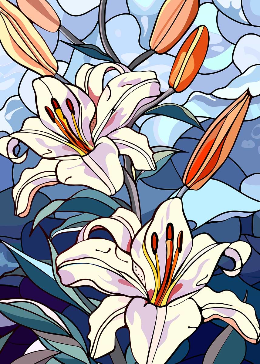'Stained Glass Lilies and Buds' Poster, picture, metal print, paint by ...