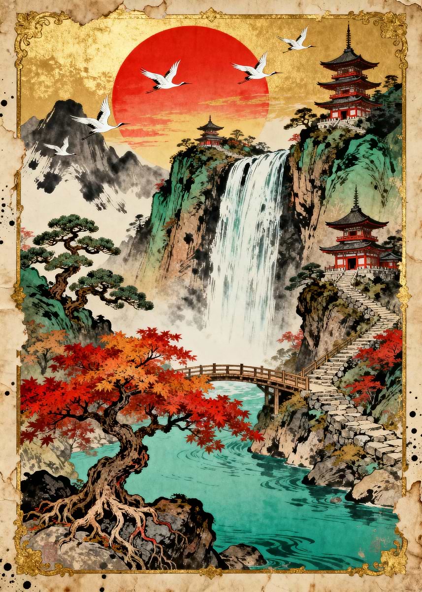 'Japanese Waterfall Pagoda Landscape' Poster, picture, metal print ...