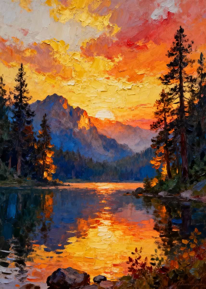 'Sunset Over Mountain Lake' Poster, picture, metal print, paint by ...