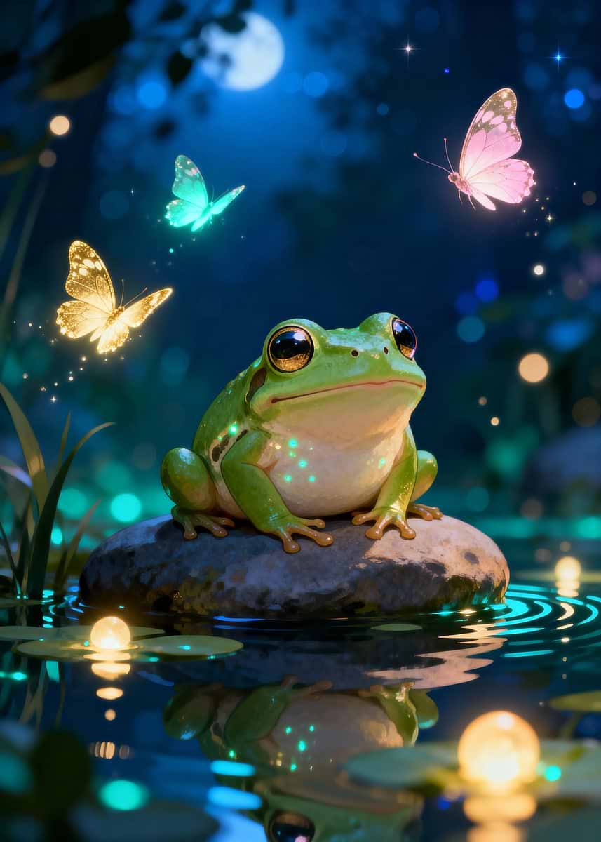 'Magical Frog and Butterflies at Night' Poster, picture, metal print ...