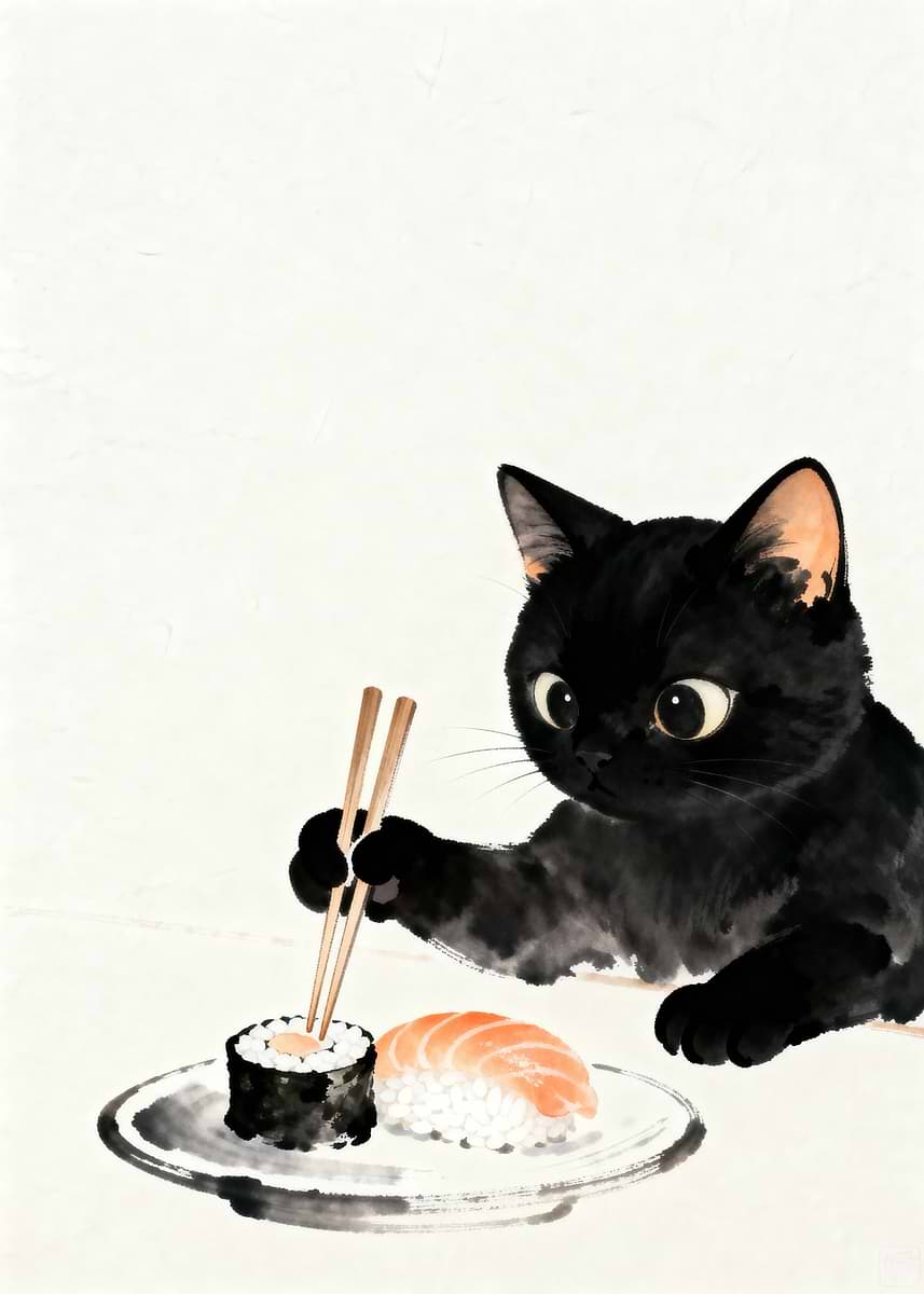 'Black Cat Eating Sushi' Poster, picture, metal print, paint by jomani ...