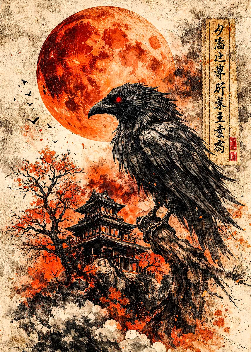 'Dark Raven Over Japanese Castle' Poster, picture, metal print, paint ...
