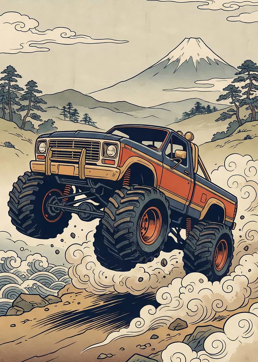 'Monster Truck Jumping with Mount Fuji Background' Poster, picture ...