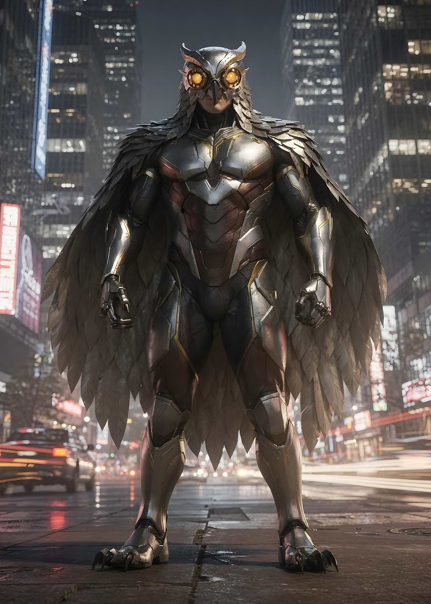'Owl-themed superhero in a city' Poster, picture, metal print, paint by ...