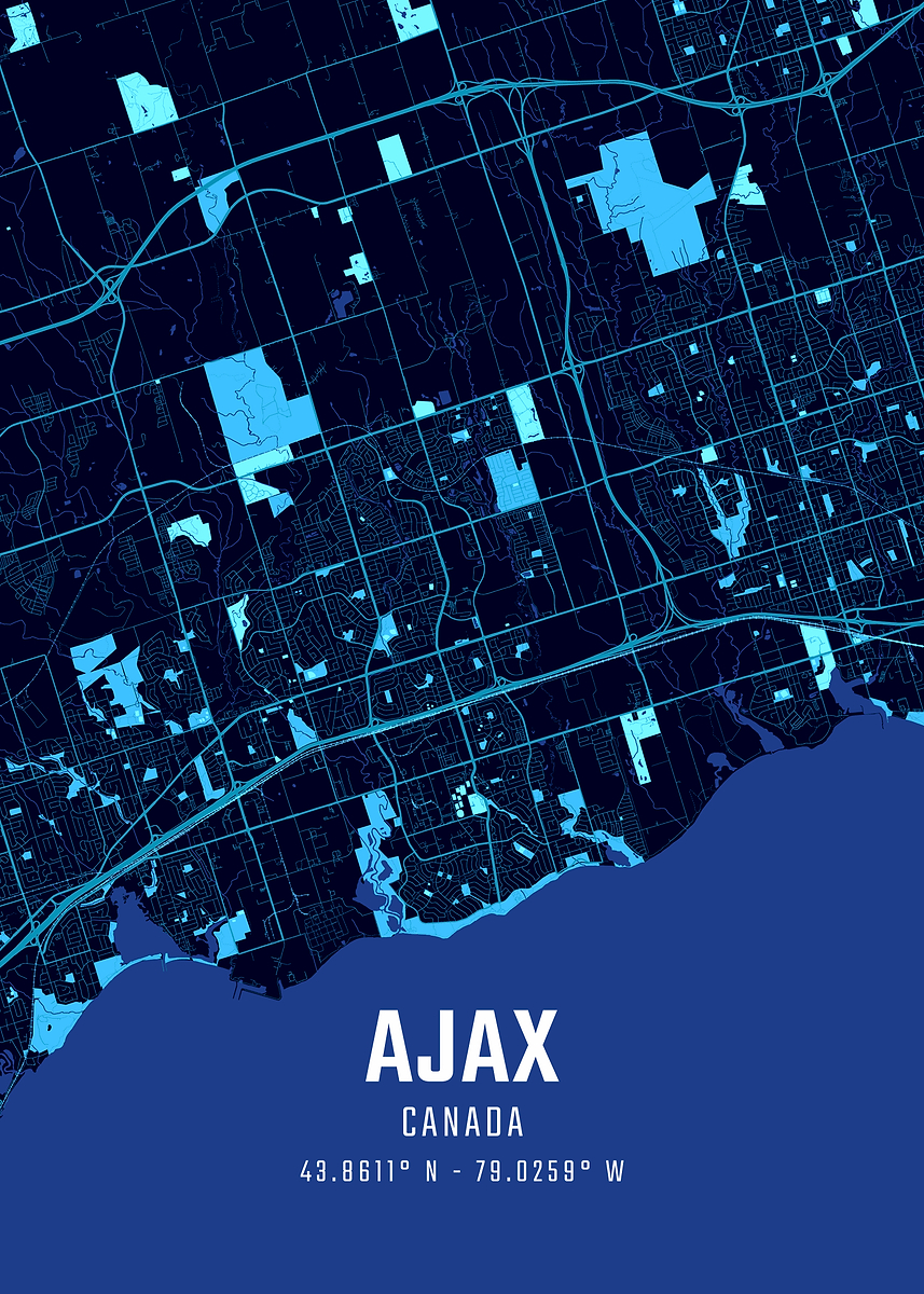 'Ajax Canada Midnight City Map' Poster, picture, metal print, paint by ...