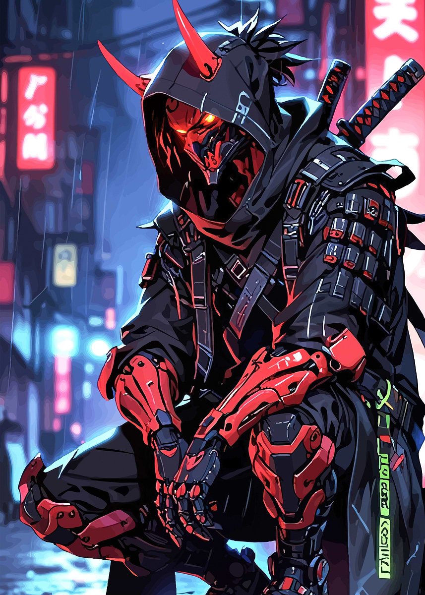 'Cyberpunk Oni Ninja in Neon City' Poster, picture, metal print, paint ...