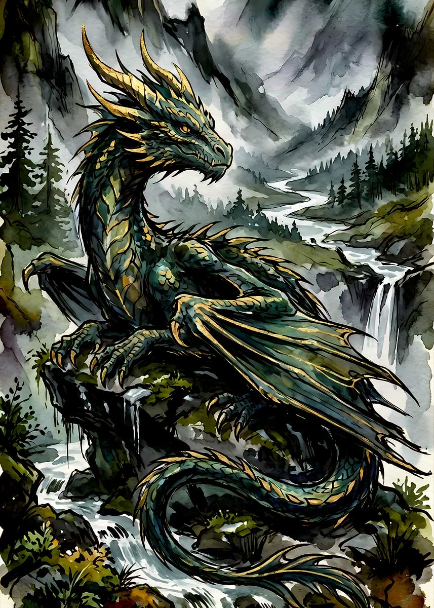 'Dragon in a Mountain Landscape' Poster, picture, metal print, paint by ...