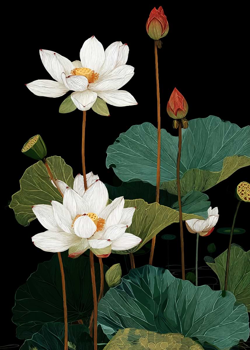 'White Lotus Flowers and Buds' Poster, picture, metal print, paint by ...