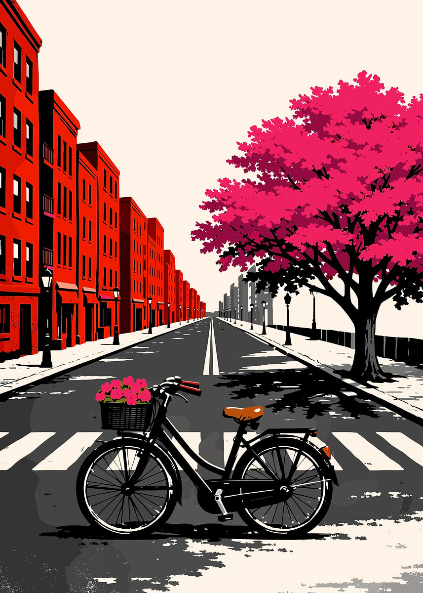 'Bicycle with Flowers on City Street Cityscape' Poster, picture, metal ...