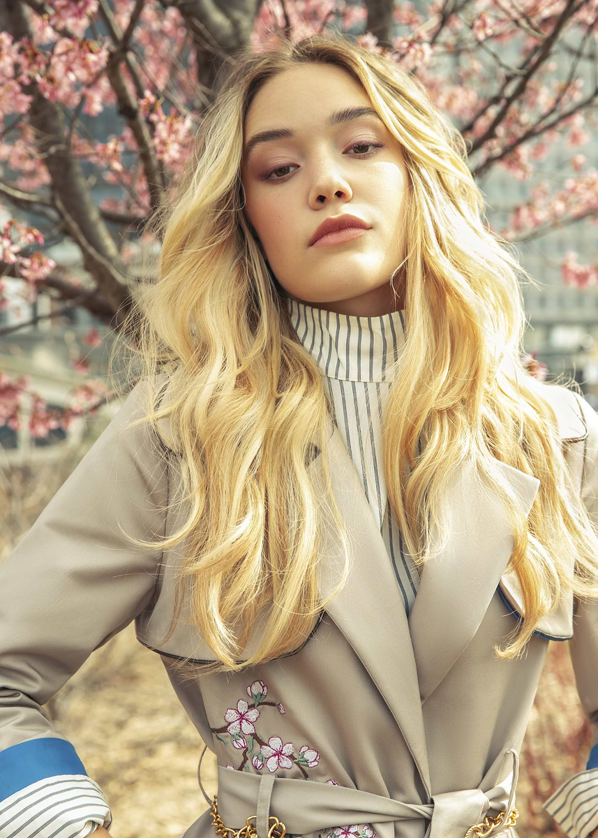 Olivia Ponton In Trench Coat With Cherry Blossoms Poster Picture