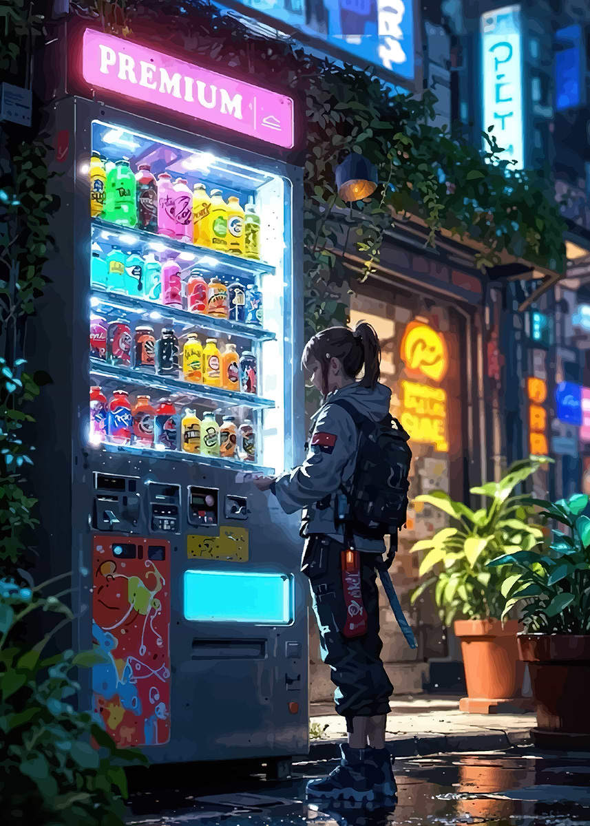 'Girl buying a drink from a vending machine' Poster, picture, metal ...