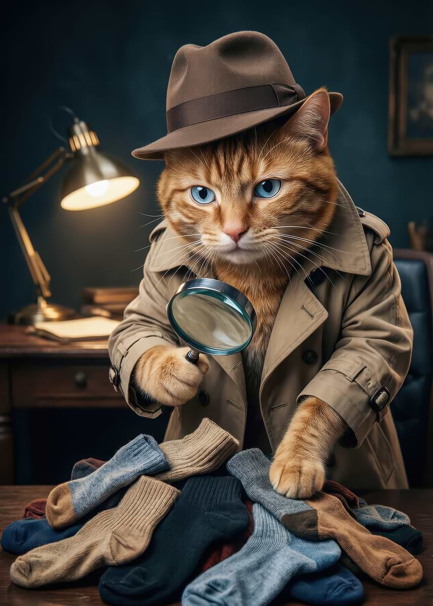 'Detective Cat Investigating Socks' Poster, picture, metal print, paint ...