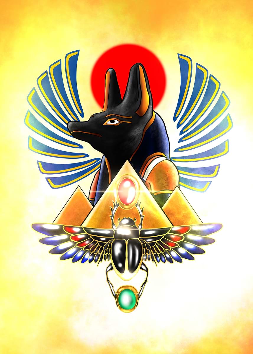 'Egyptian Anubis with Pyramids and Scarab' Poster, picture, metal print ...