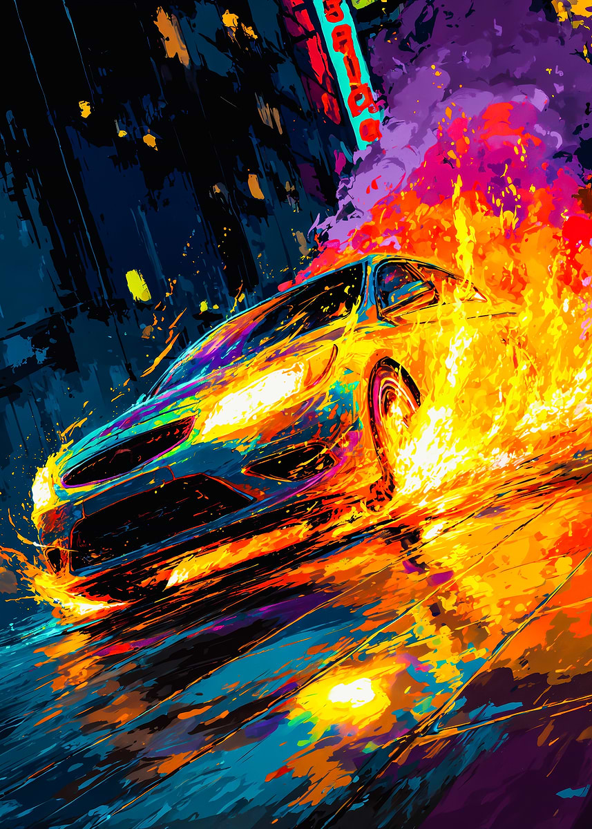 'Flaming Sports Car Neon City' Poster, picture, metal print, paint by ...