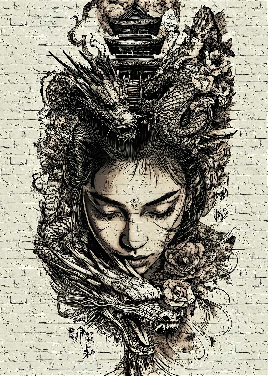 'Geisha with Dragons and Pagoda' Poster, picture, metal print, paint by ...