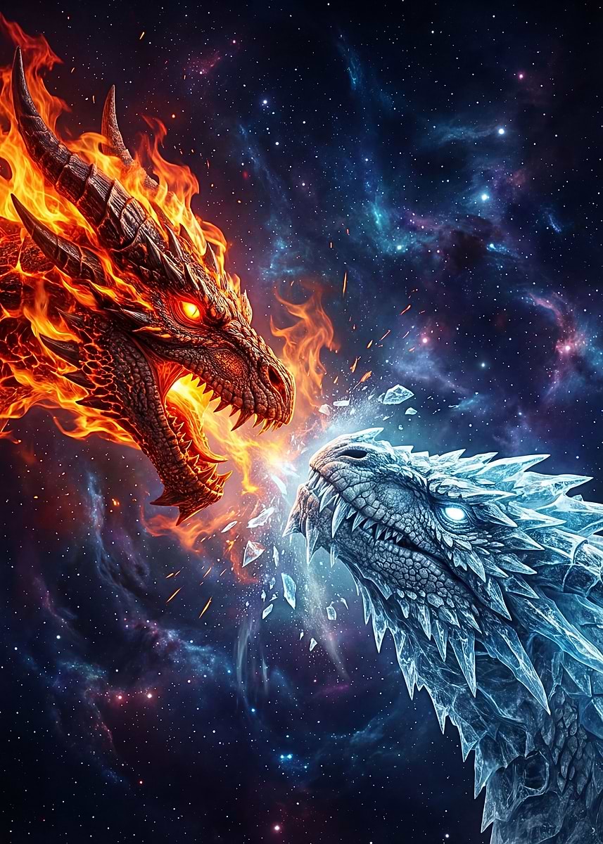 'Fire and Ice Dragons in Space' Poster, picture, metal print, paint by ...