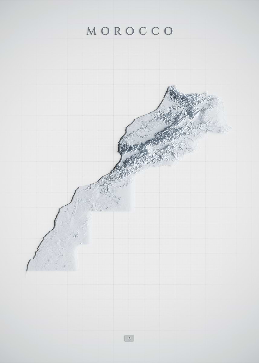 'Morocco Topographic Map - Light, Shaded Relief, 3D Elevation Poster ...