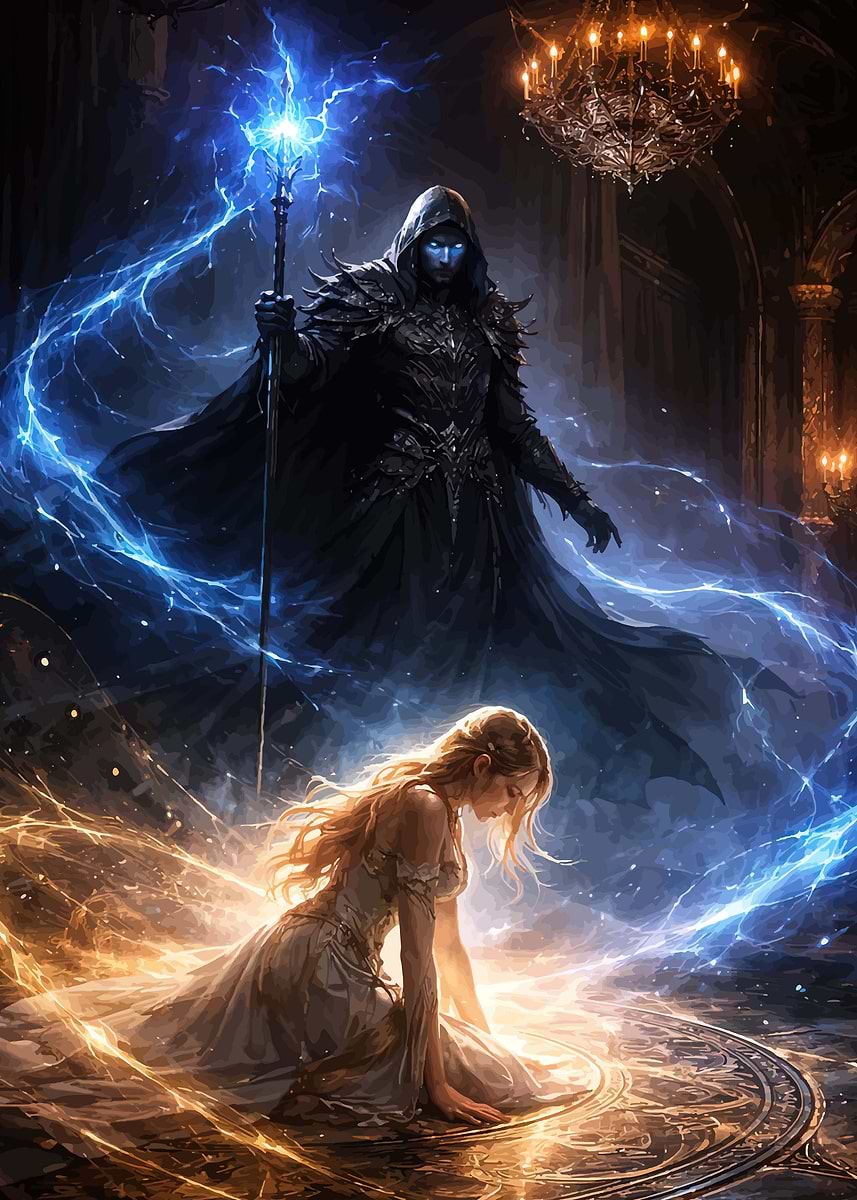 'Dark Wizard and Kneeling Woman' Poster, picture, metal print, paint by ...