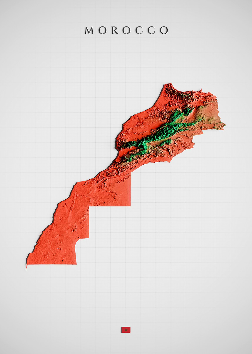 'Morocco Topographic Map - Red and Green, Shaded Relief 3D Elevation ...