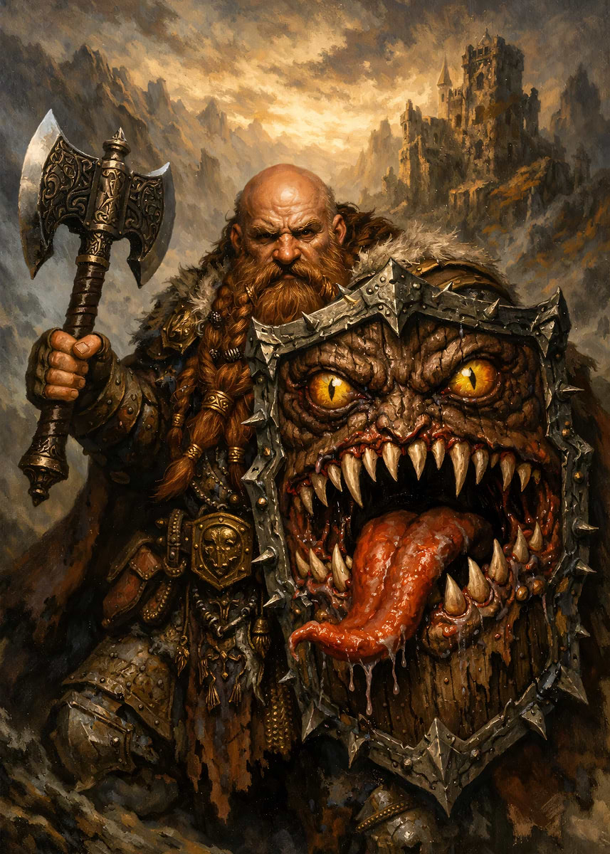 'Dwarf Warrior with Monster Shield' Poster, picture, metal print, paint ...