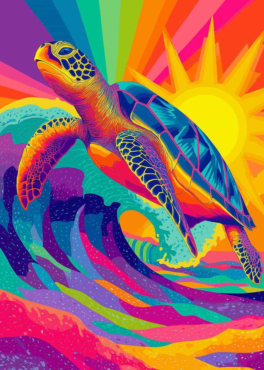 'Psychedelic Sea Turtle Riding Waves' Poster, picture, metal print ...
