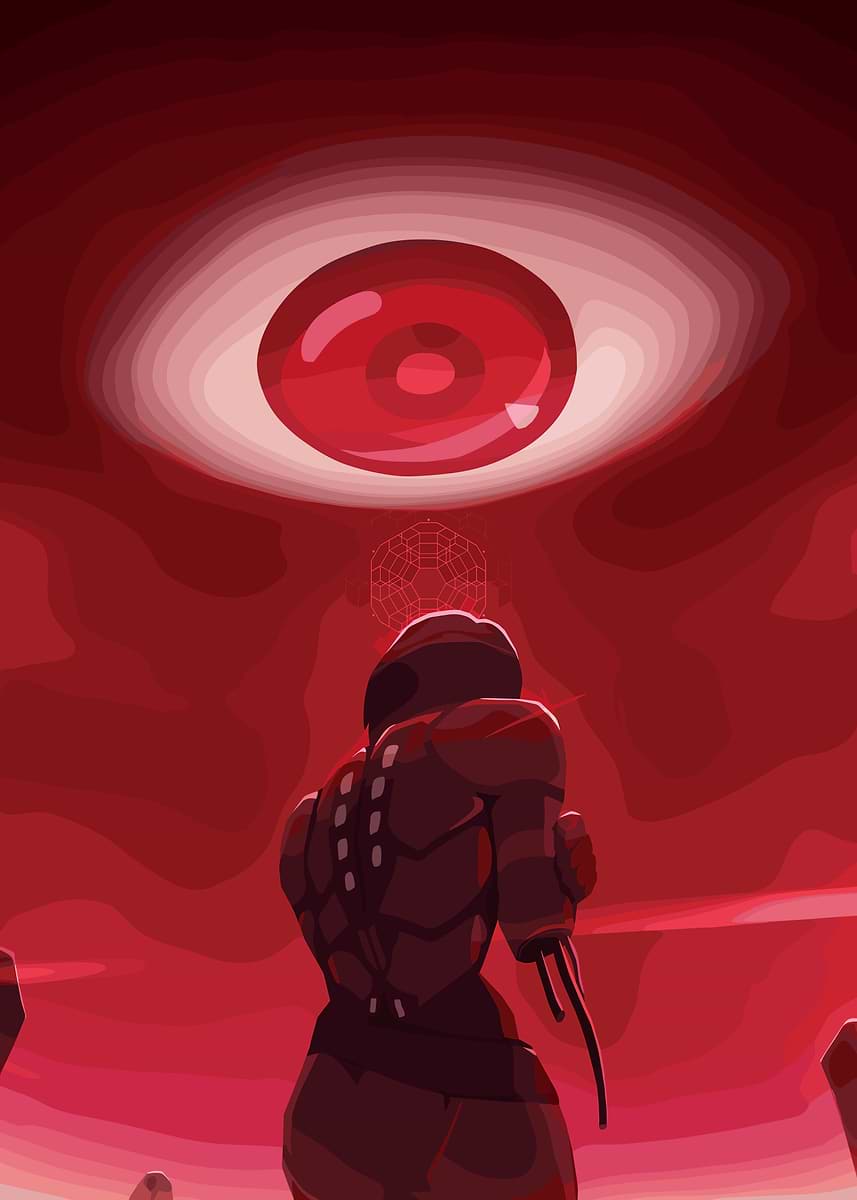 'Sci-fi warrior facing a giant red eye' Poster, picture, metal print ...