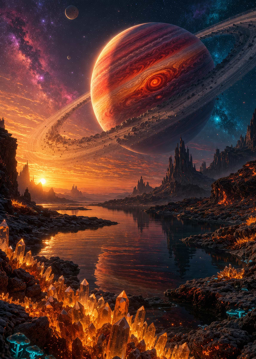'Planet Landscape with Ringed Planet' Poster, picture, metal print ...