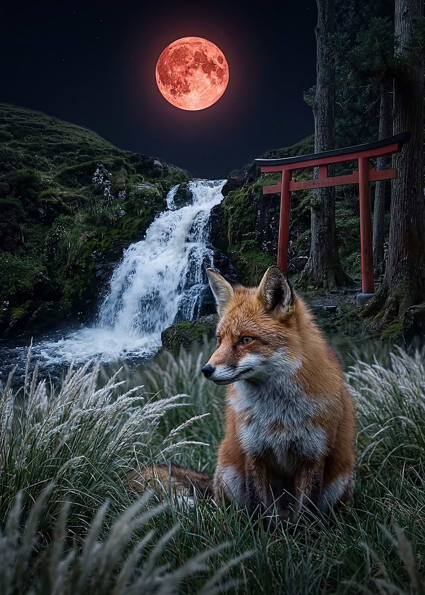 'Fox by Waterfall Under Blood Moon' Poster, picture, metal print, paint ...