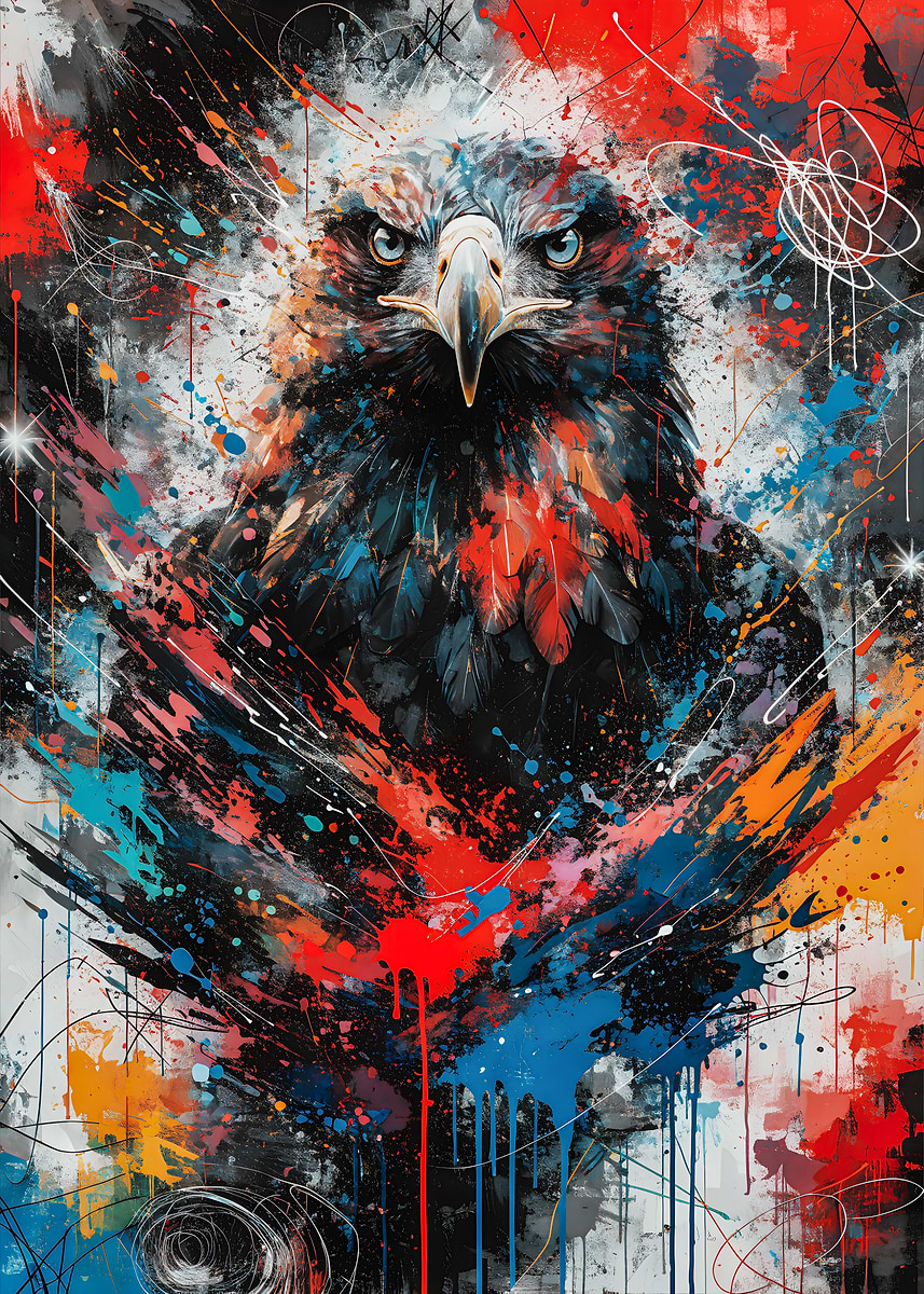 'Majestic Eagle Abstract Canvas Art - Vibrant Multi-Color Paint Drip ...