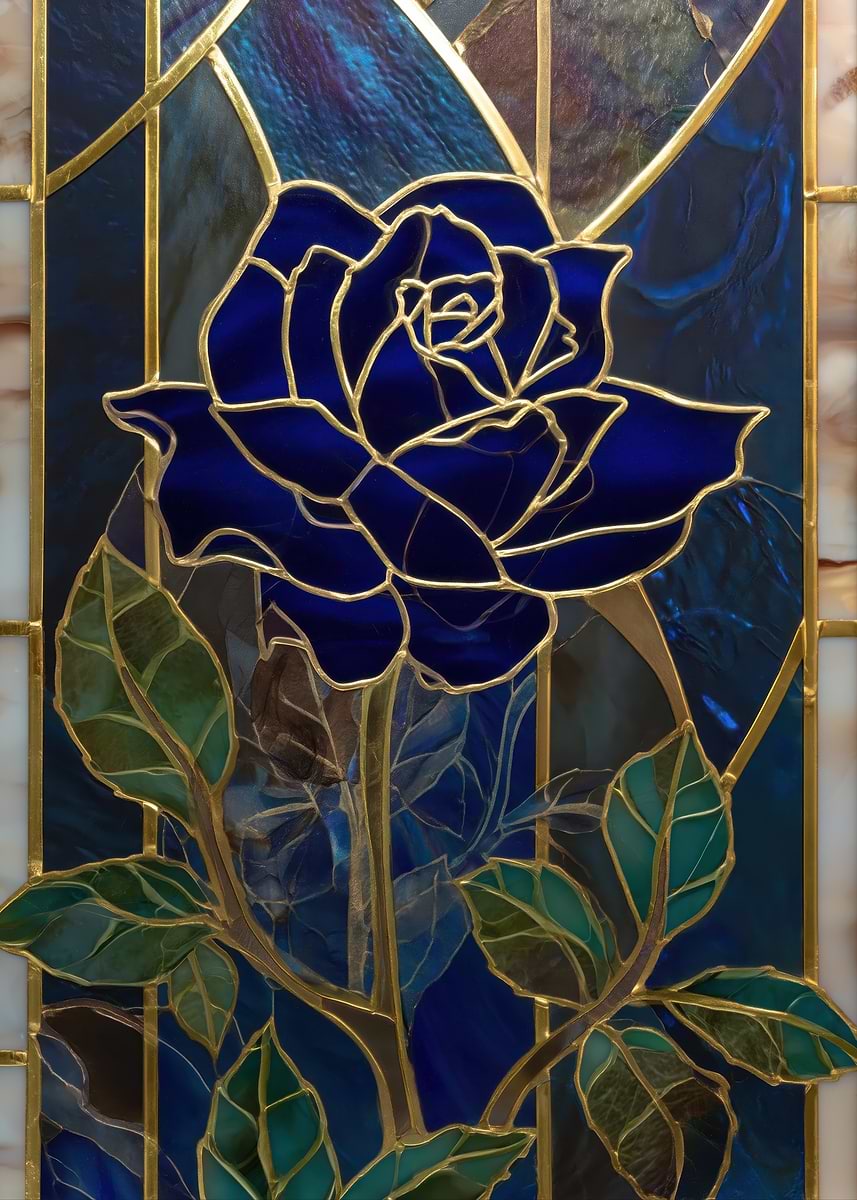 'Stained Glass Blue Rose with Leaves' Poster, picture, metal print ...
