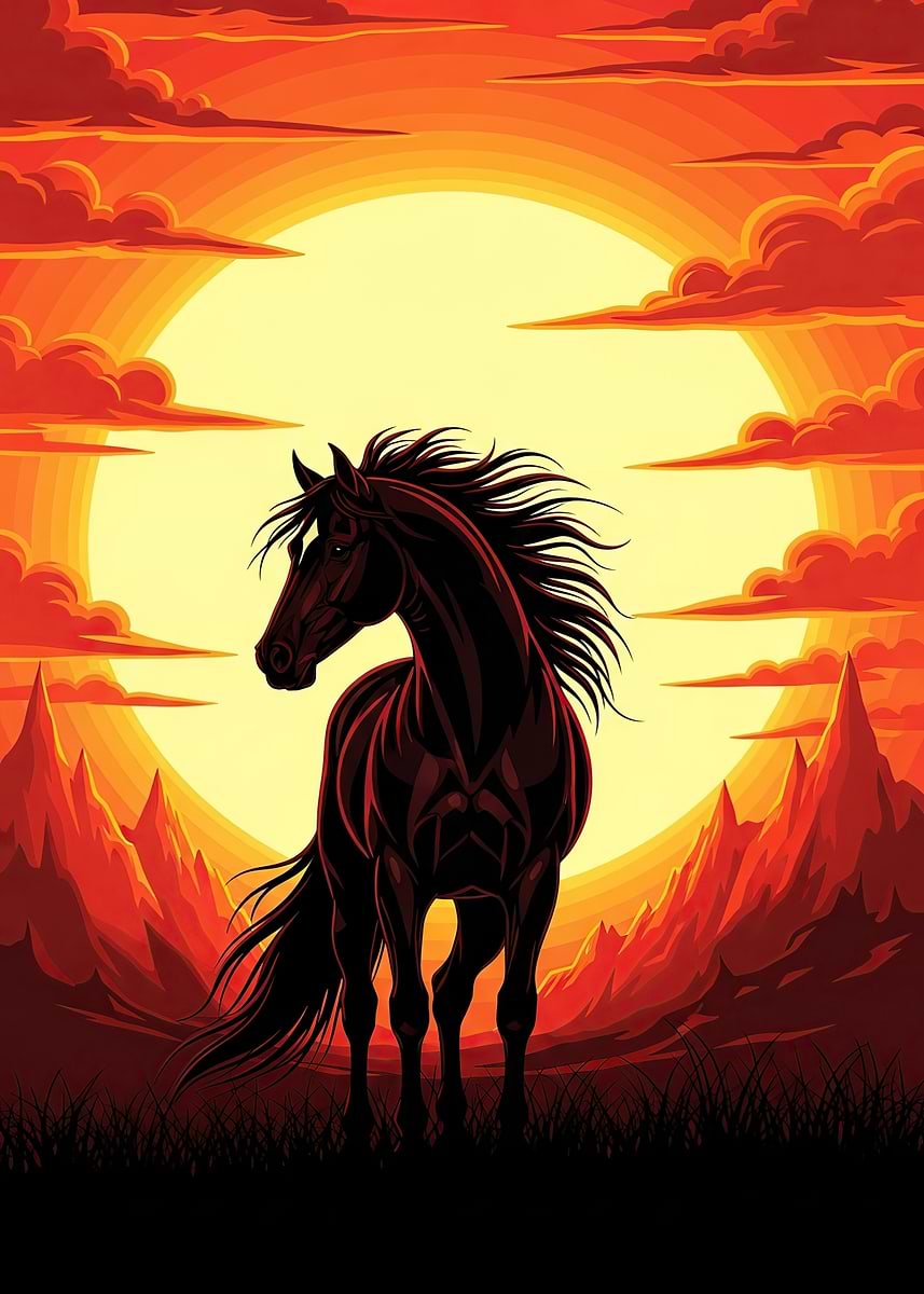 'Black Horse Against Sunset' Poster, picture, metal print, paint by ...