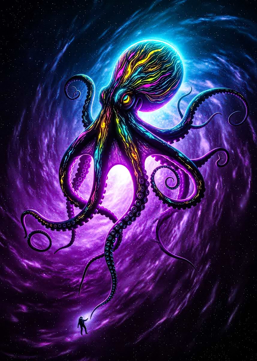 'Cosmic Octopus and Astronaut' Poster, picture, metal print, paint by ...