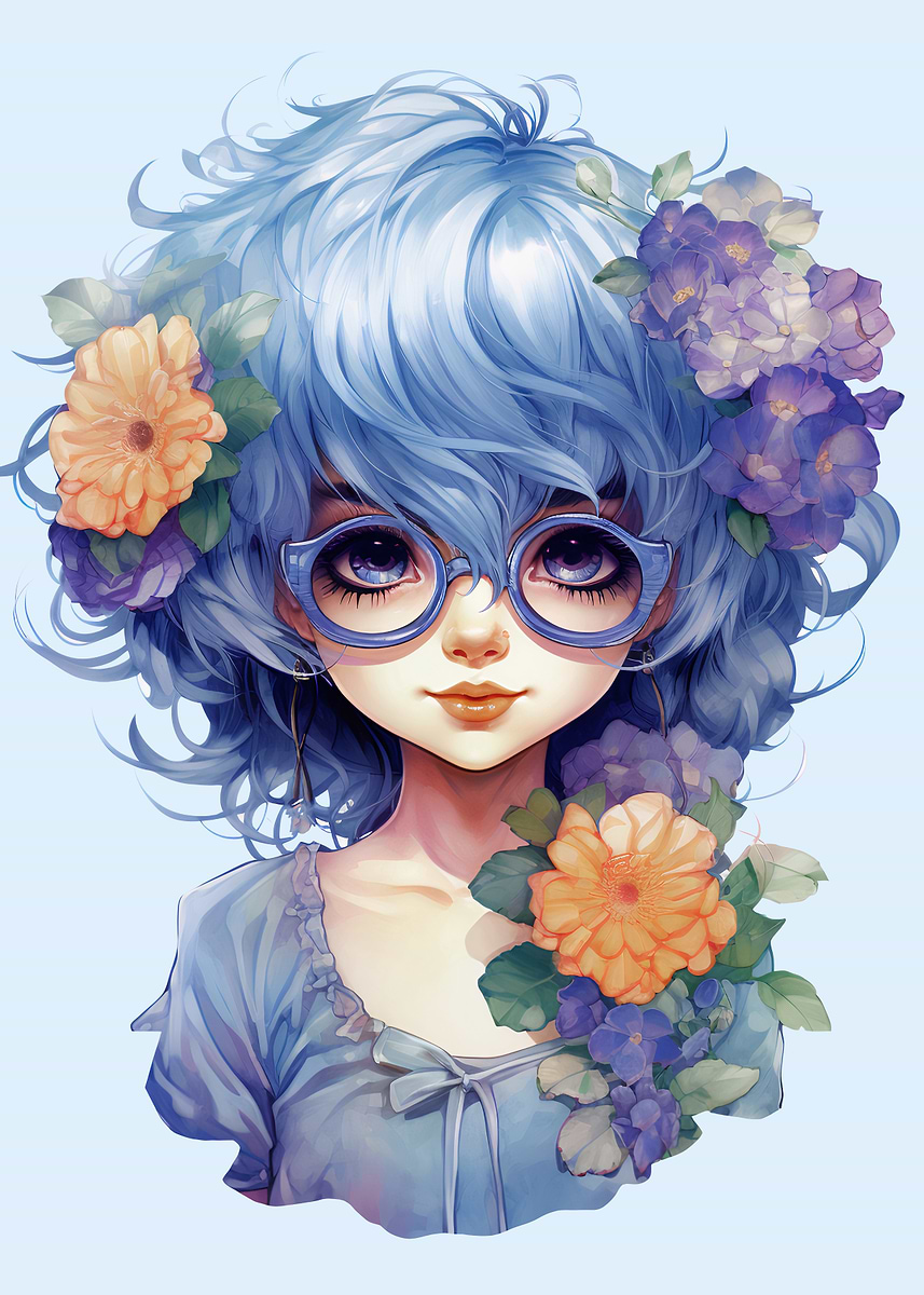 'Anime Girl with Blue Hair, Glasses and Flowers' Poster, picture, metal ...