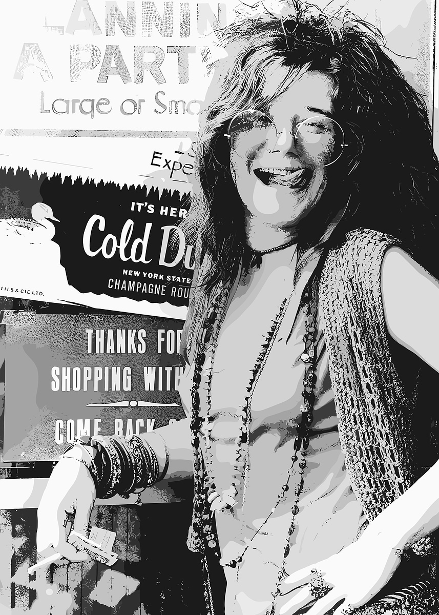 'Janis Joplin with 'Cold Duck' advertisement' Poster, picture, metal ...