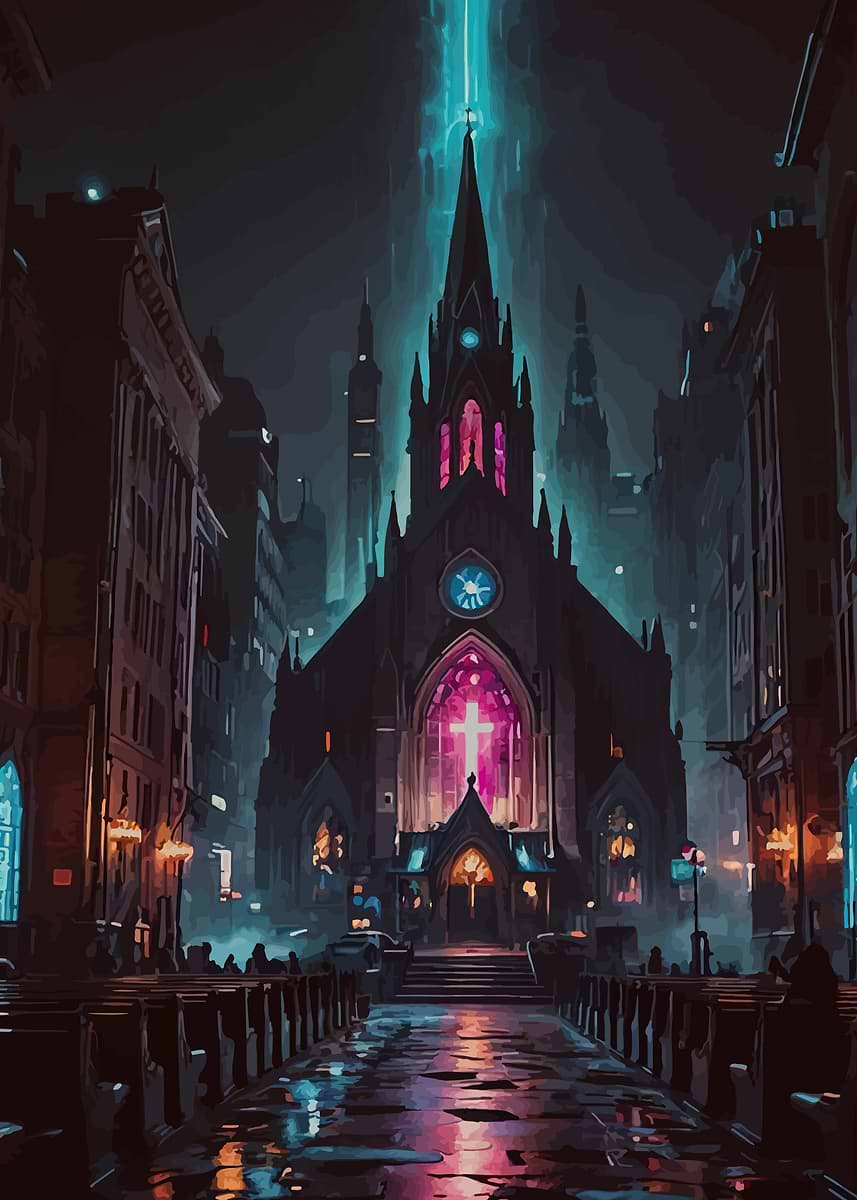 'Gothic Church in Neon City' Poster, picture, metal print, paint by ...