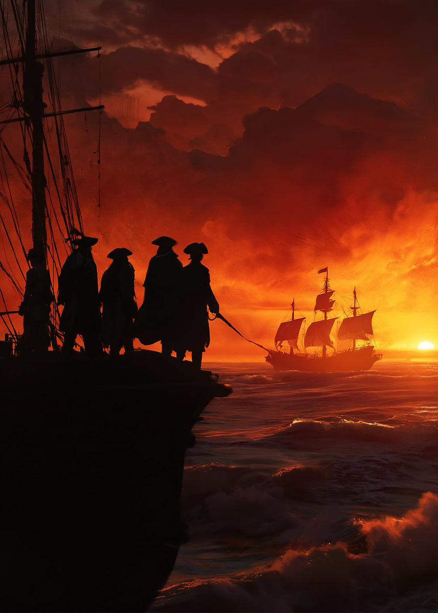 'Pirates on a ship at sunset' Poster, picture, metal print, paint by ...