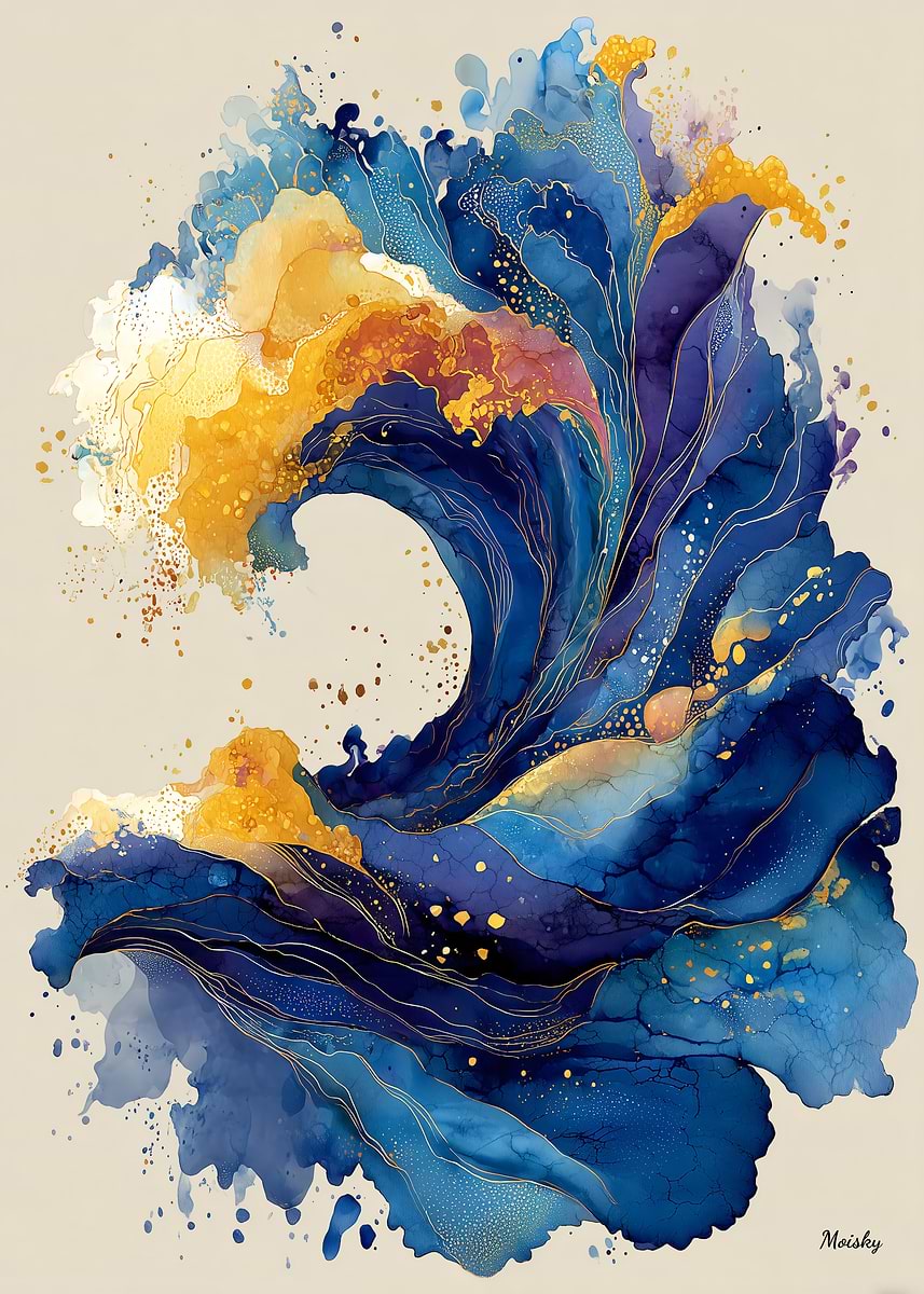 'Abstract Blue and Gold Wave' Poster, picture, metal print, paint by ...