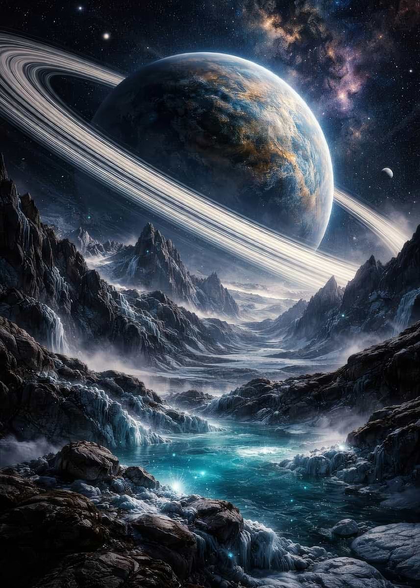 'Planet Landscape with Ringed Planet' Poster, picture, metal print ...