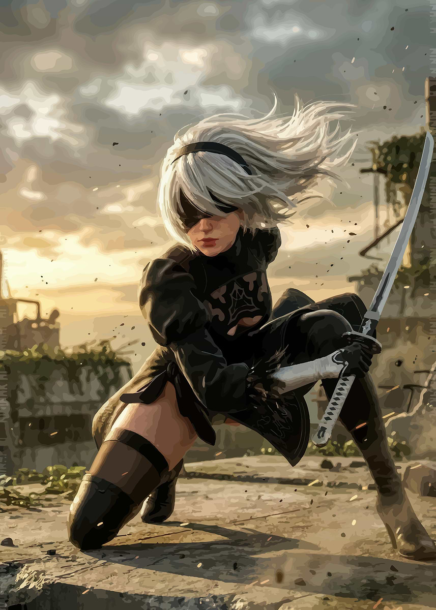 '2B in Action with Sword' Poster, picture, metal print, paint by A L A ...