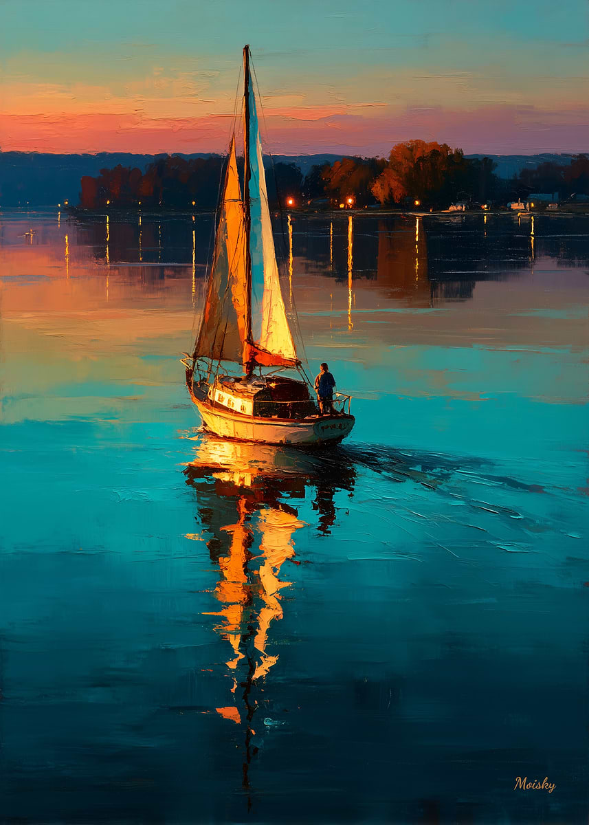'Impressionist Sunset Sailboat Landscape Painting' Poster, picture ...